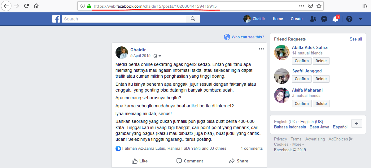 Cara Mengambil Link dari Postingan Status di Facebook - Chaidir.Web.ID